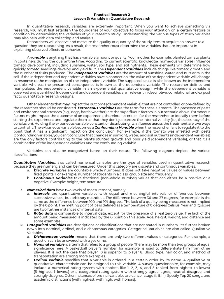 Lesson 3 Variables in Quantitative Research | PDF | Level Of Measurement