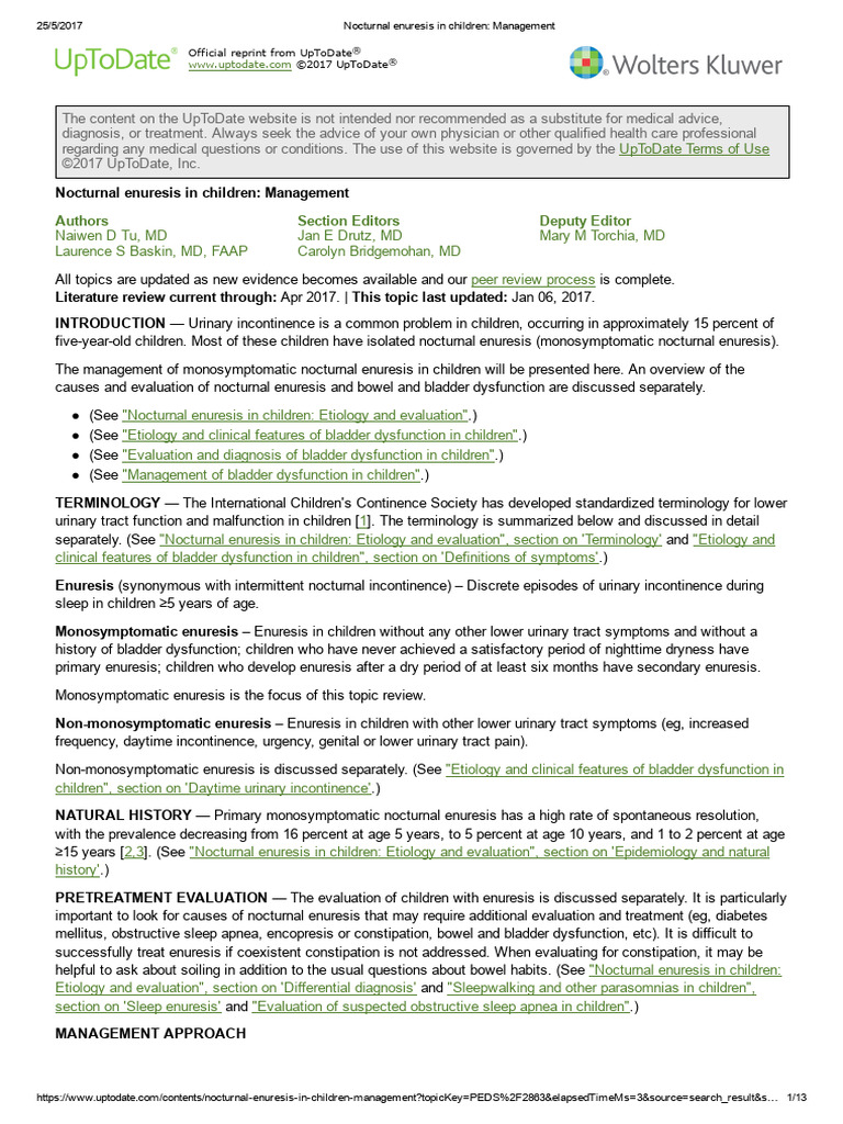 Nocturnal Enuresis in Children - Management | PDF