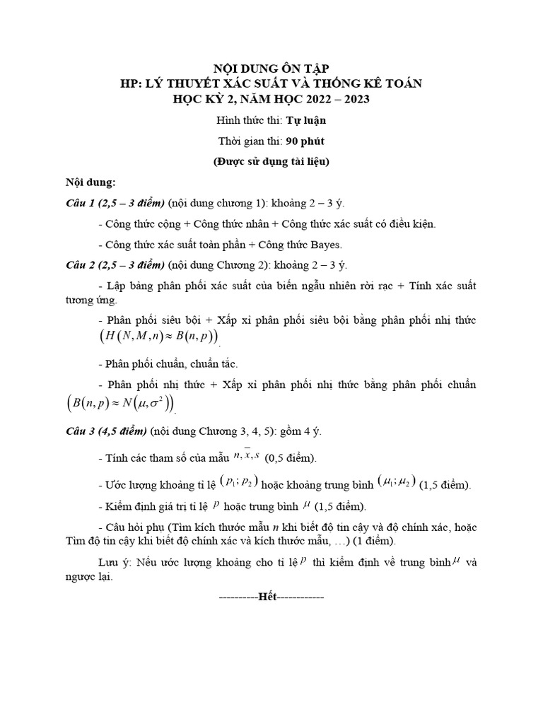 ÔN TẬP LTXS & TK TOÁN HK3, 22-23 | PDF