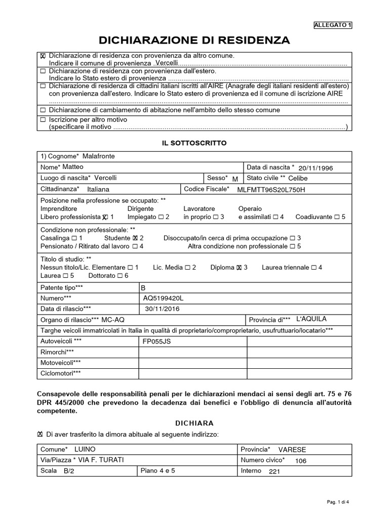 Modulo Per Cambio Residenza | PDF