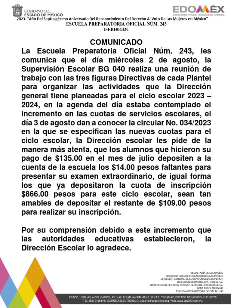 ComunicadoCostos | PDF | Etapas educativas