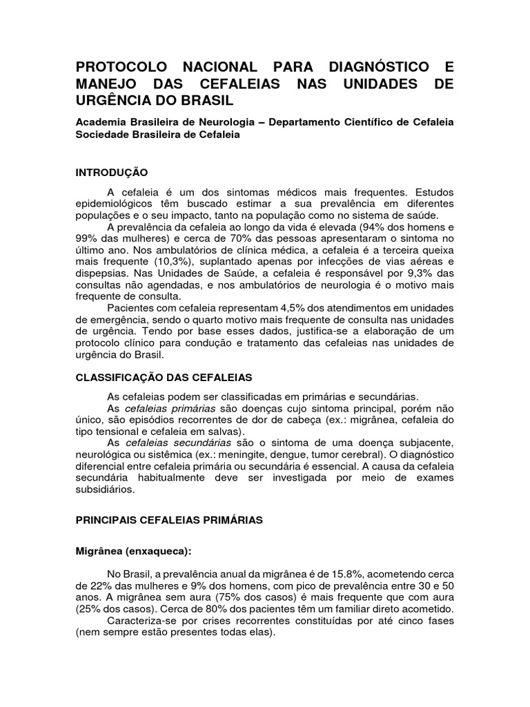 Protocolo Nacional para Diagnóstico e Manejo Das Cefaleias Nas Unidades de Urgência Do Brasil ...