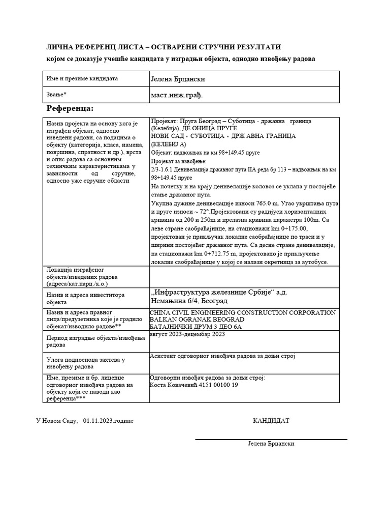 Obrazac Referenc Liste Sa Potvrdom Za IZVODJACE RADOVA Final | PDF