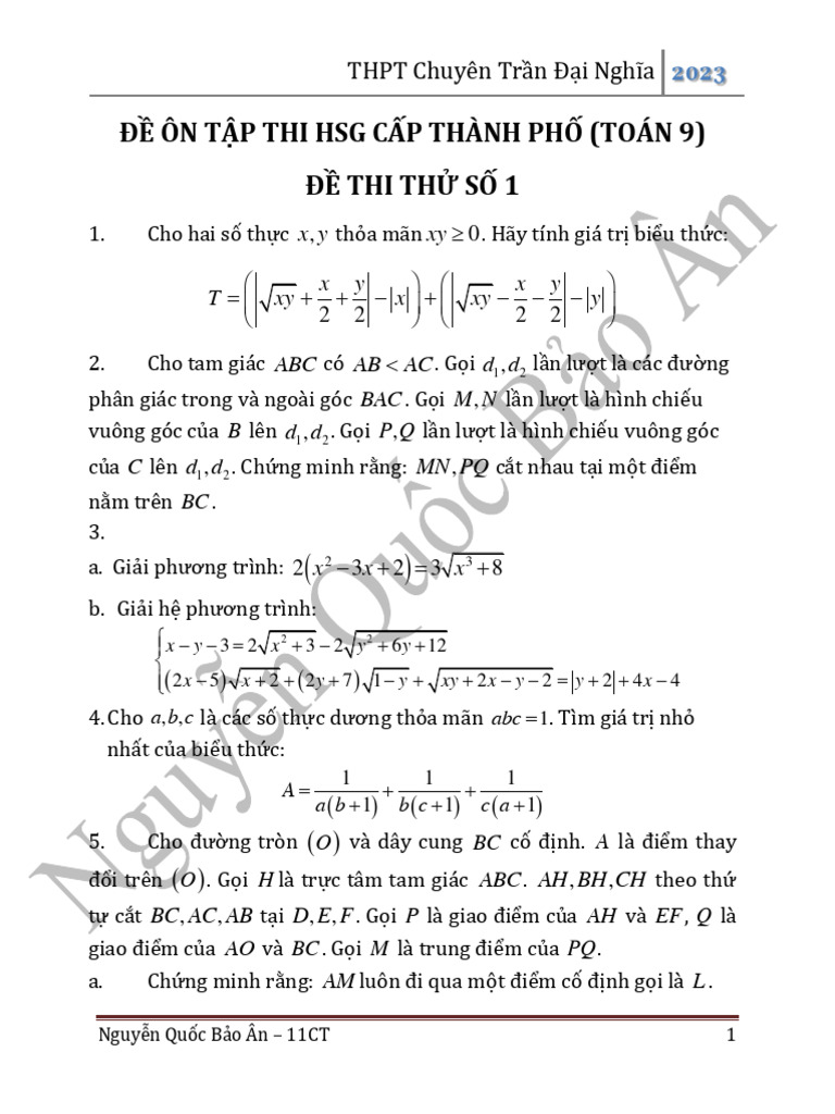 ĐỀ ÔN TẬP THI HSG CẤP THÀNH PHỐ TOÁN 9 | PDF