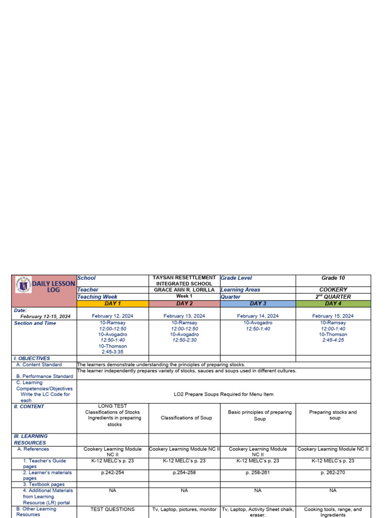 DLL Grade10-COOKERY-3rd Quarter 3rd Week | PDF | Learning | Teaching