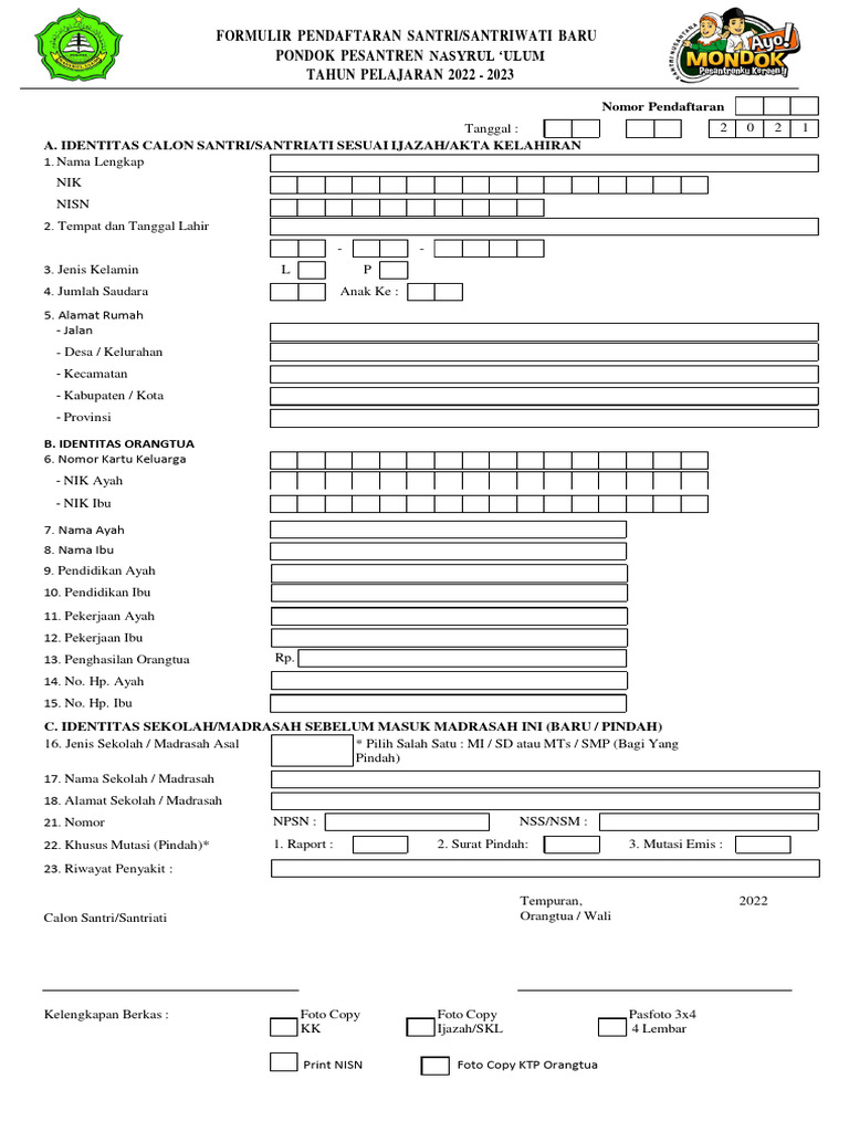 Formulir Pendataran Ppnu 2022-2023 | PDF