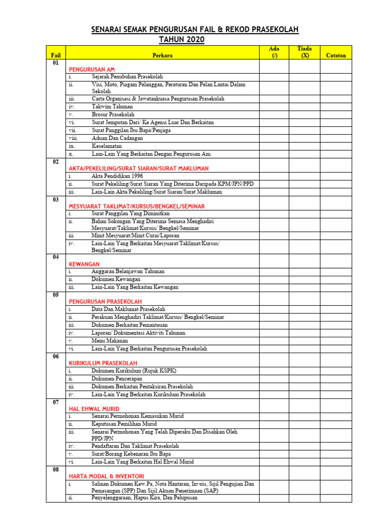 Senarai Semak Fail & Rekod Pra 2020 | PDF