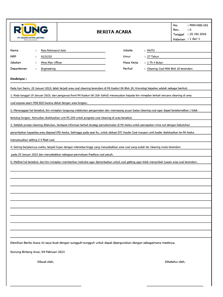 FRM-HSE-101 Berita Acara Loss Coal Seam M06 B20 | PDF