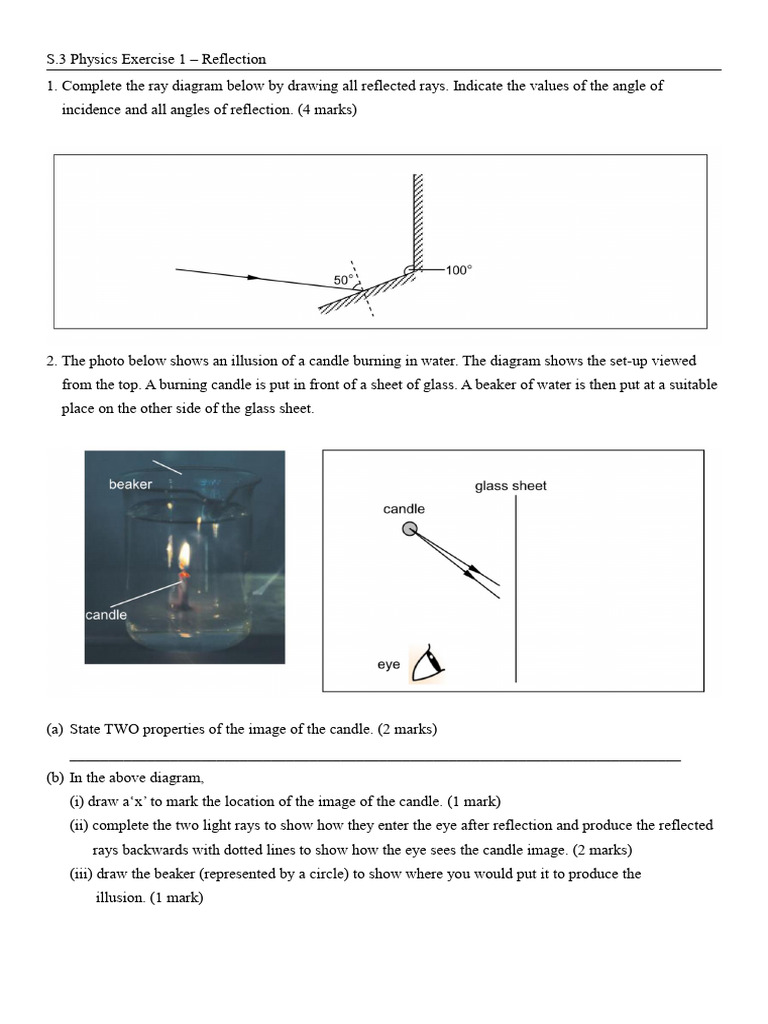 S.3 Physics Exercise 1 - Reflection | PDF | Reflection (Physics) | Mirror