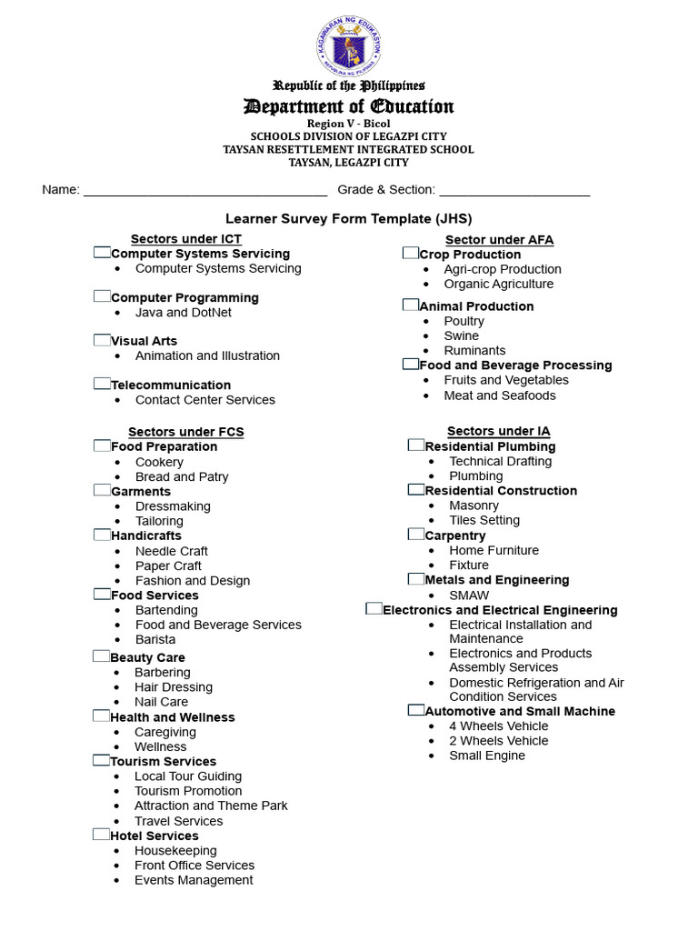TLE SURVEY FORM FOR GRADE 8 STUDENTS | PDF
