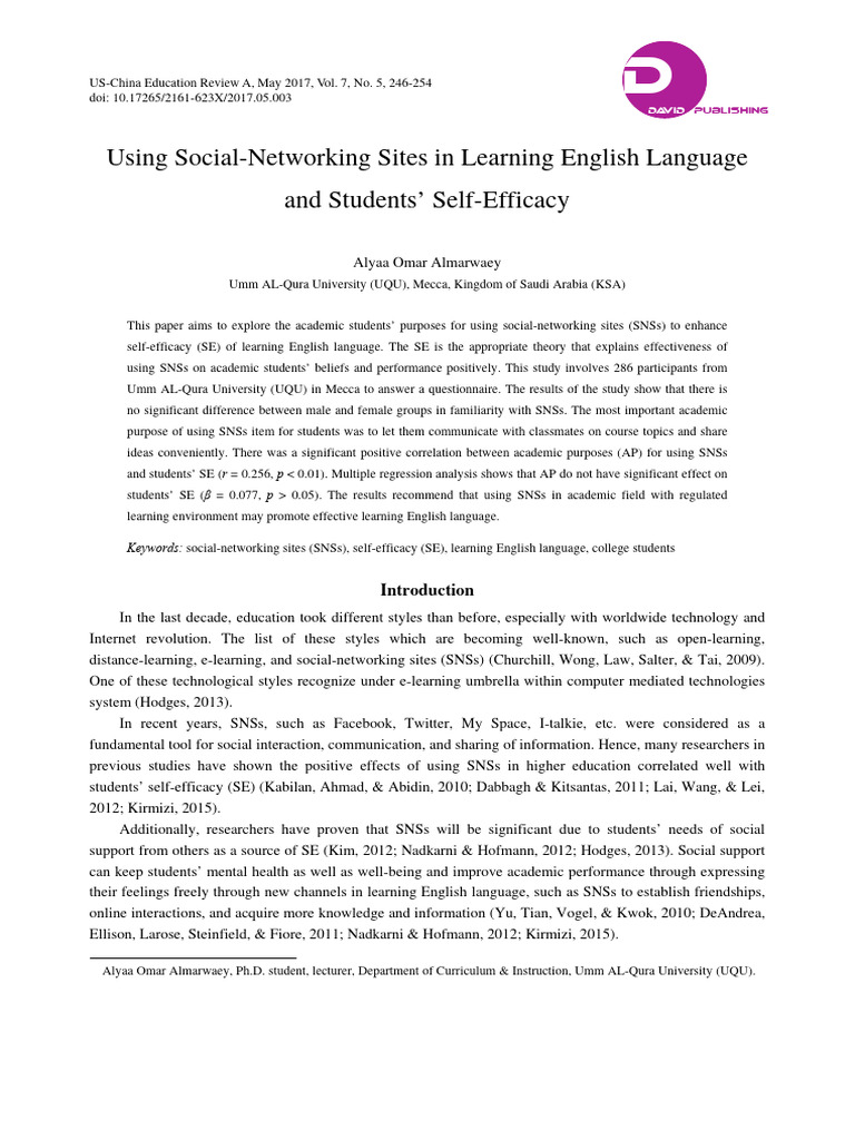 Using Social Networking Sites in English Language and Students' Self ... Using Social Networking Sites in English Language and Students' Self ...