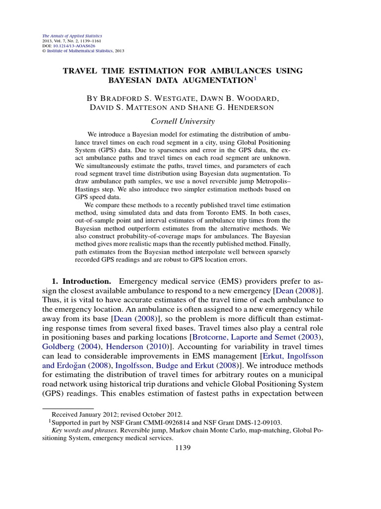 2013 Travel Time Estimation For Ambulances Using Bayesian Data Augmentation Pdf Estimator