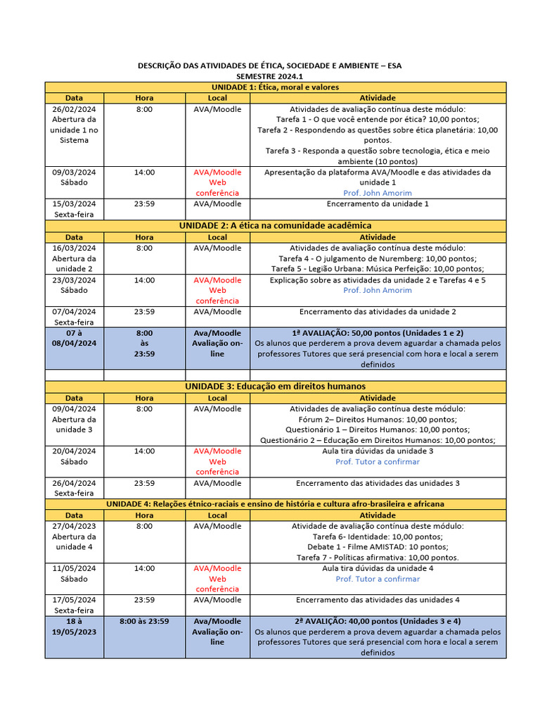 Cronograma ESA 2024 - 1 | PDF | Moodle