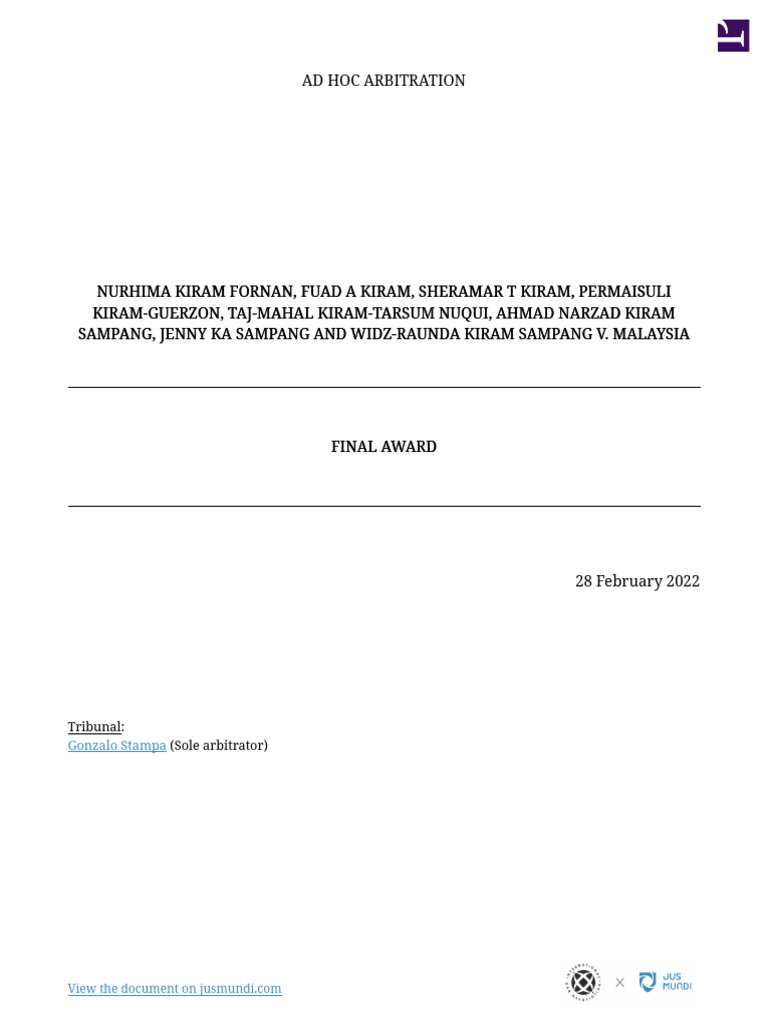JusMundi PDF Heirs To The Sultanate of Sulu V Malaysia Final Award | PDF | Judgment (Law ...