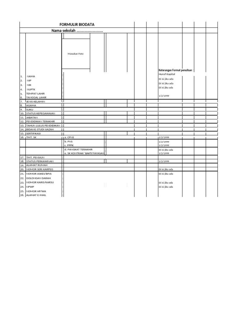 Formulir Biodata PAUD | PDF