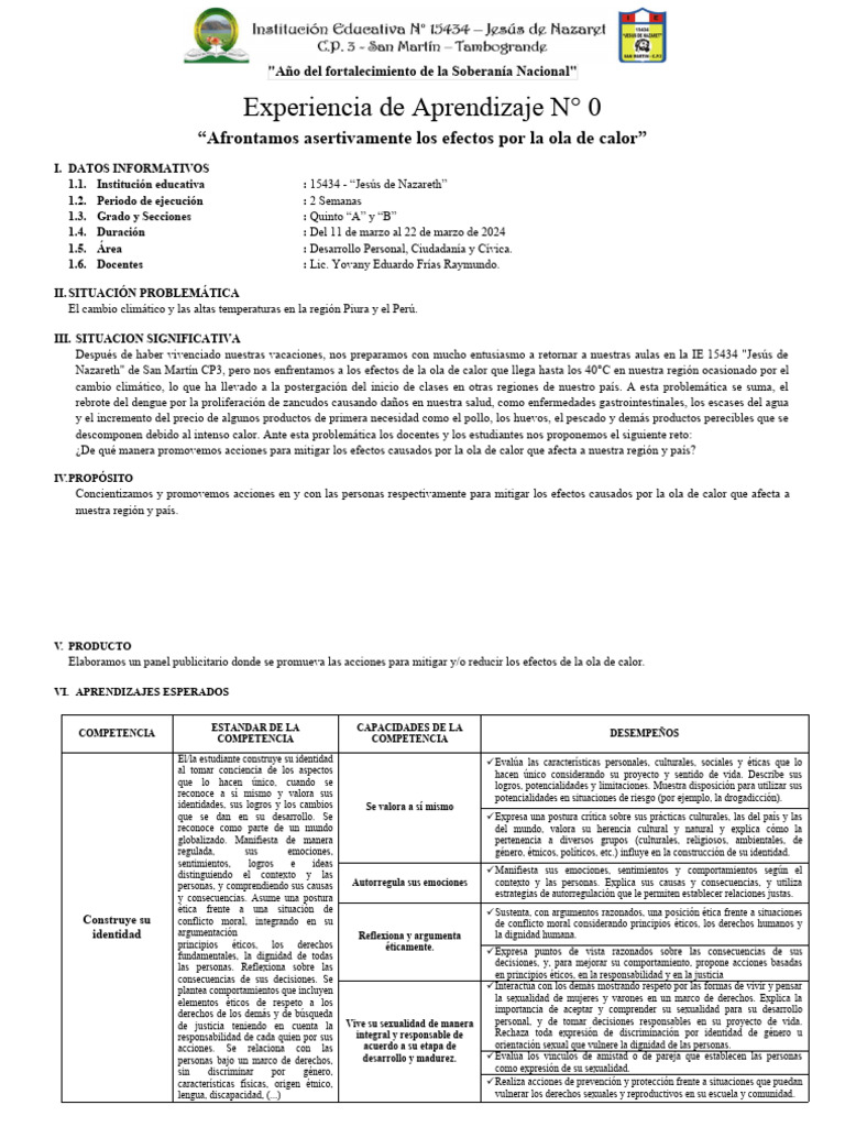 Experiencia de Aprendizaje 2024 - DPCC - Quinto | PDF | Aprendizaje | Evaluación