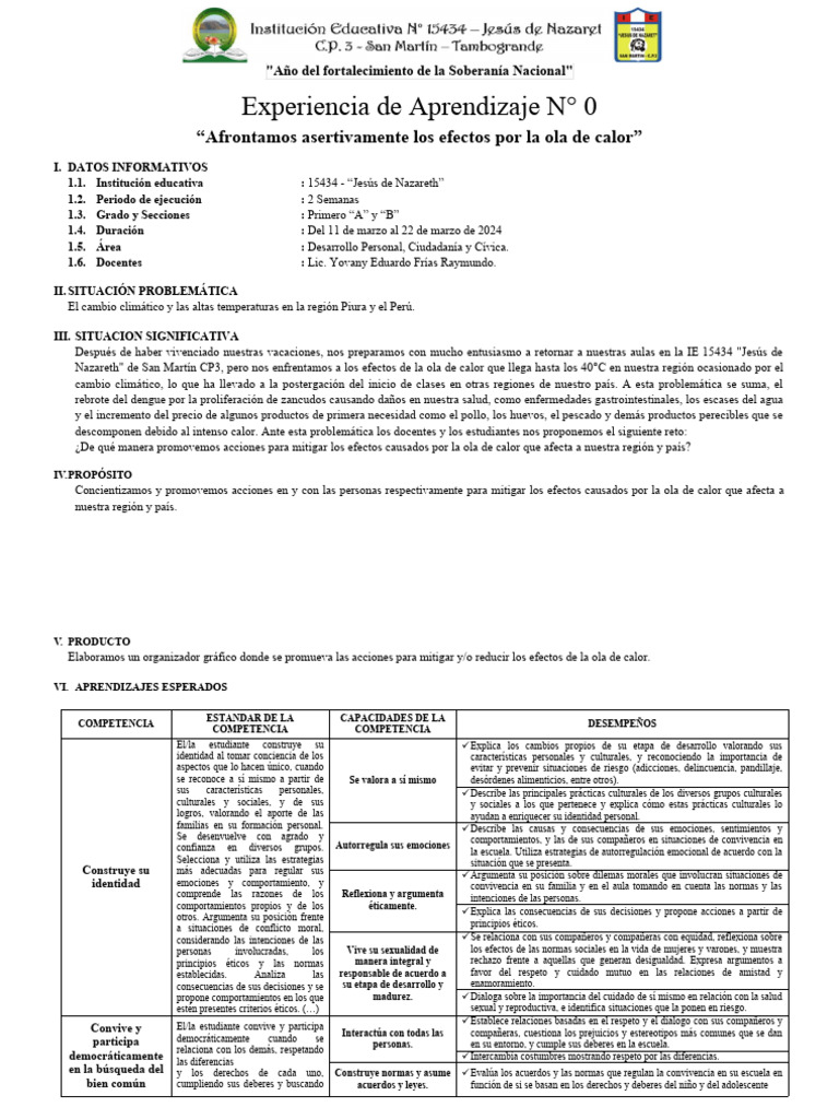Experiencia De Aprendizaje 2024 Dpcc Primero Pdf Aprendizaje