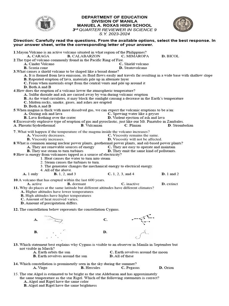Grade 9 Reviewer 30 Items | PDF | Types Of Volcanic Eruptions | Volcano