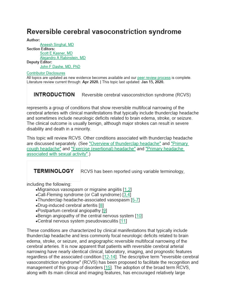Reversible cerebral vasoconstriction syndrome | PDF | Headache | Stroke