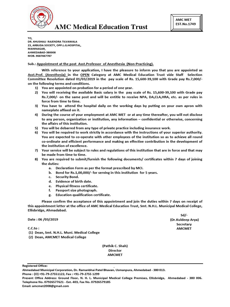 1749 Appointment Order Anesthesia Asst - Prof - DR - Khushali | PDF
