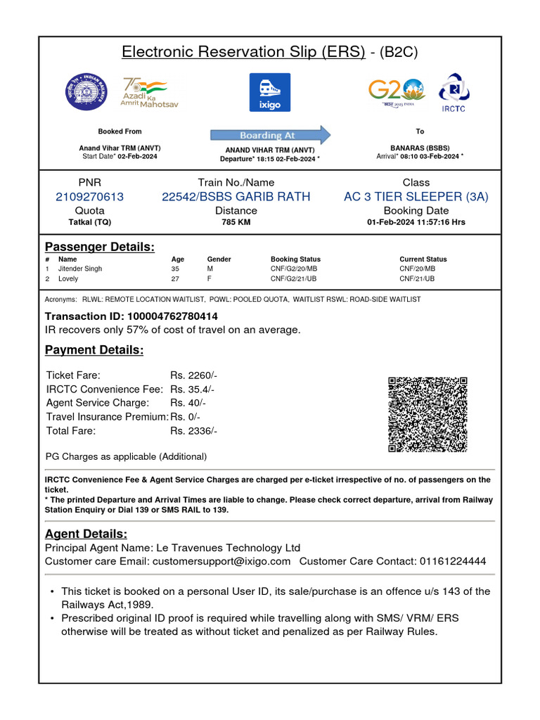 Electronic Reservation Slip (ERS) : 2109270613 22542/Bsbs Garib Rath Ac ...