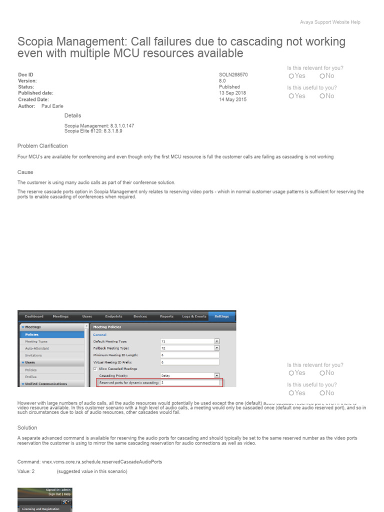 Scopia Management - Call Failures Due To Cascading Not Working Even ...