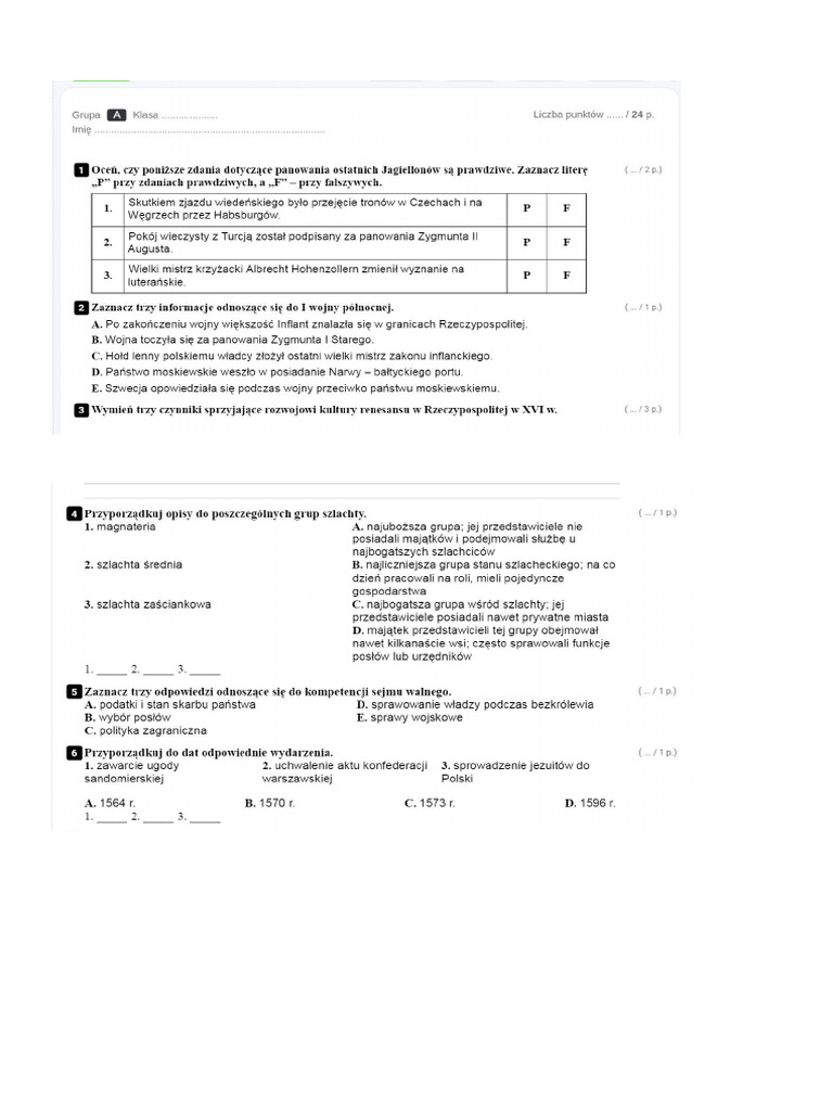 Sprawdzian Historia Klasa 4 Dział 2 | PDF