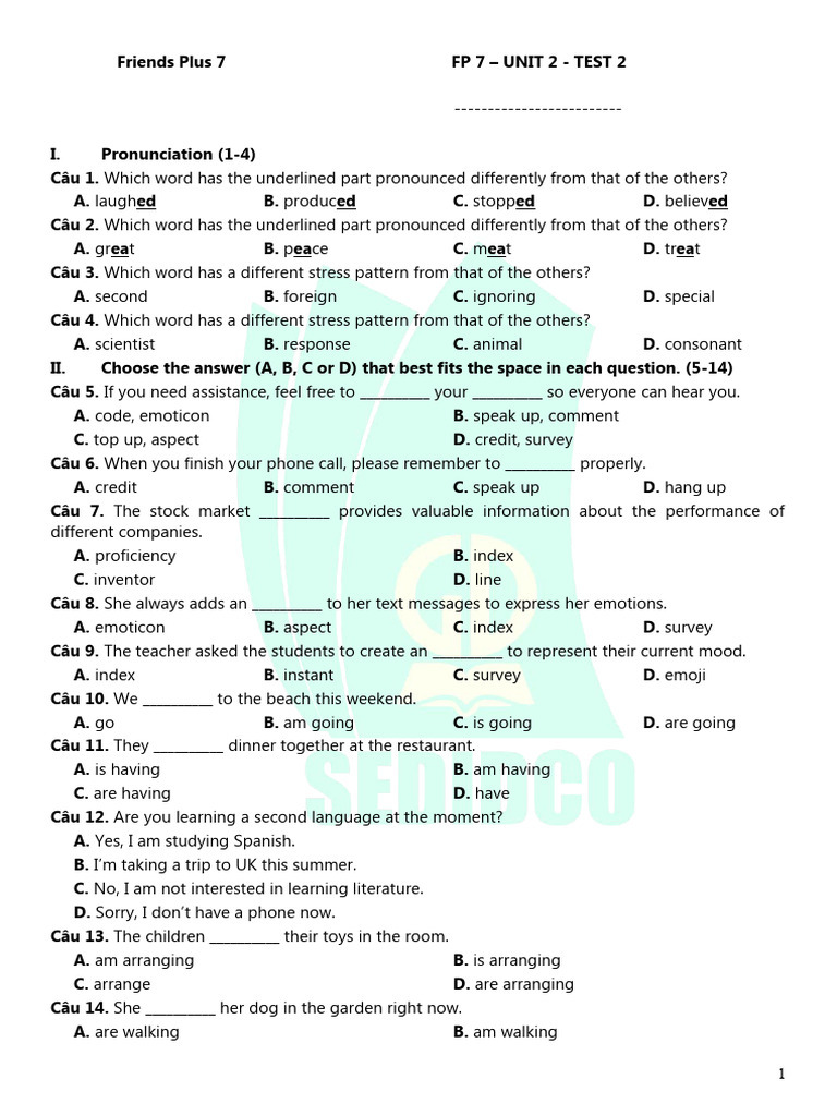 Ôn tập giữa học kì I - Unit 2 - Test 2 | PDF | Nonverbal Communication ...