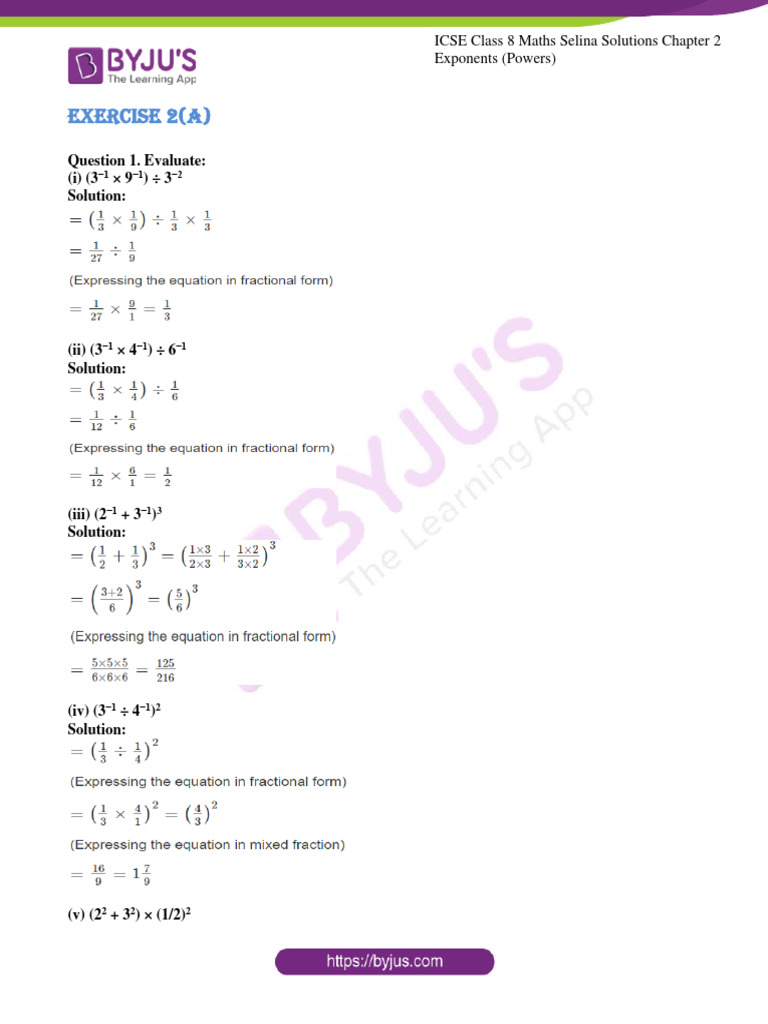 ICSE Class 8 Maths Selina Solutions Chapter 2 Exponents Powers | PDF ...