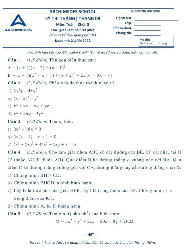 De Kiem Tra Toan 8 Thang 9 Nam 2022 He Thong Giao Duc Archimedes School Ha Noi | PDF