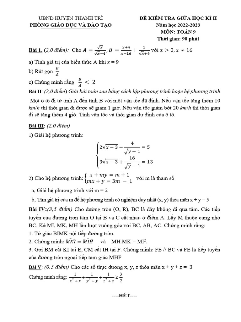 De Giua Hoc Ki 2 Toan 9 Nam 2022 2023 Phong GDDT Thanh Tri Ha Noi | PDF