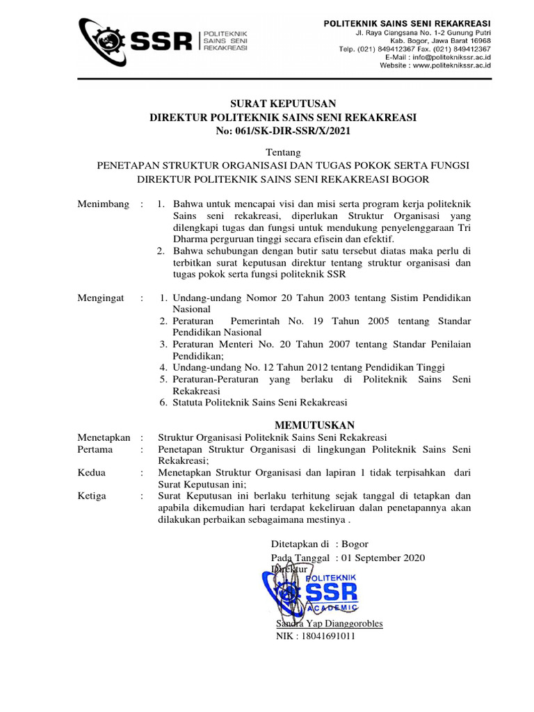 SK PENETAPAN STRUKTUR ORGANISASI SSR | PDF