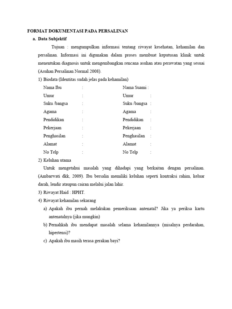 Contoh Format Dokumentasi Inc PNC | PDF | Pengembangan Diri | Kesehatan ...