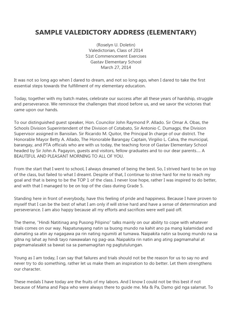 Sample Valedictory Address-Victory | PDF | Teachers | Classroom Management