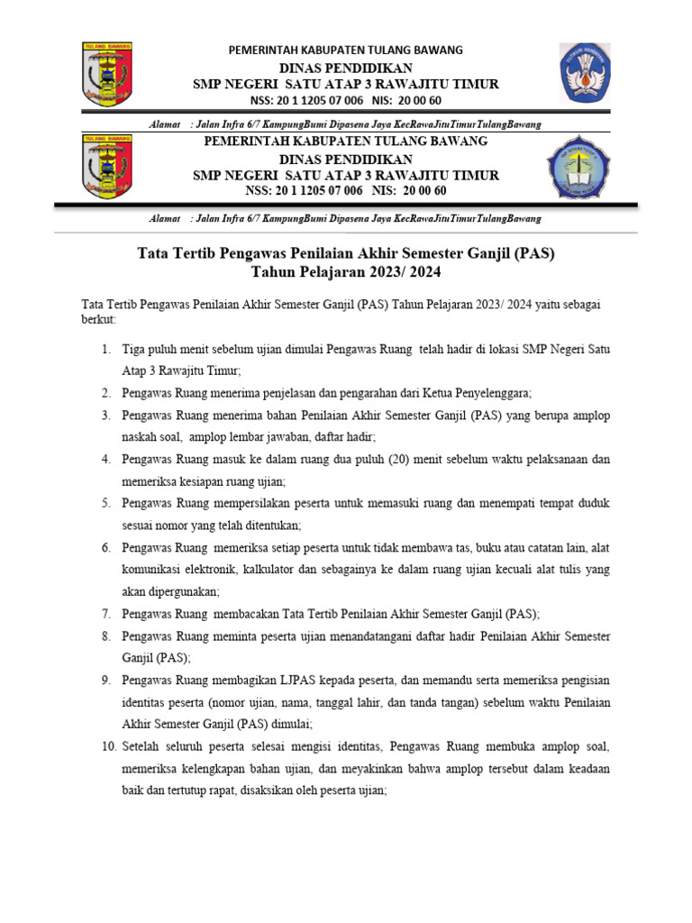 Tata Tertib Pengawas Pas 2023-2024 | PDF