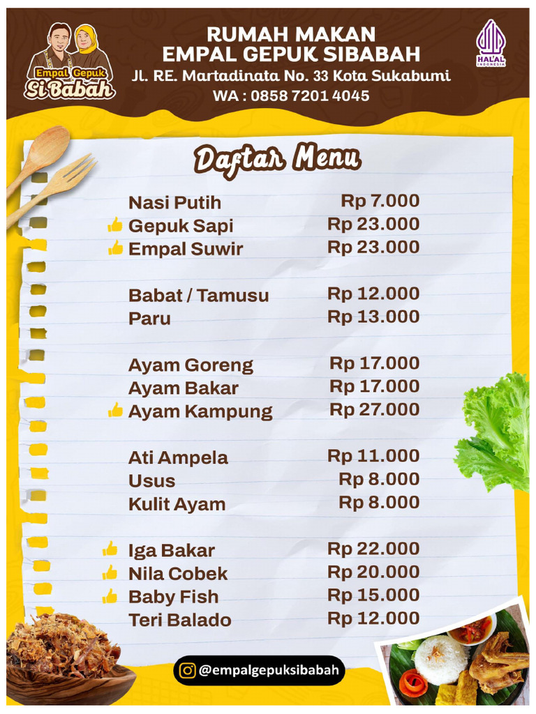 Daftar Menu RM Kota Sukabumi Update Maret 2024 | PDF