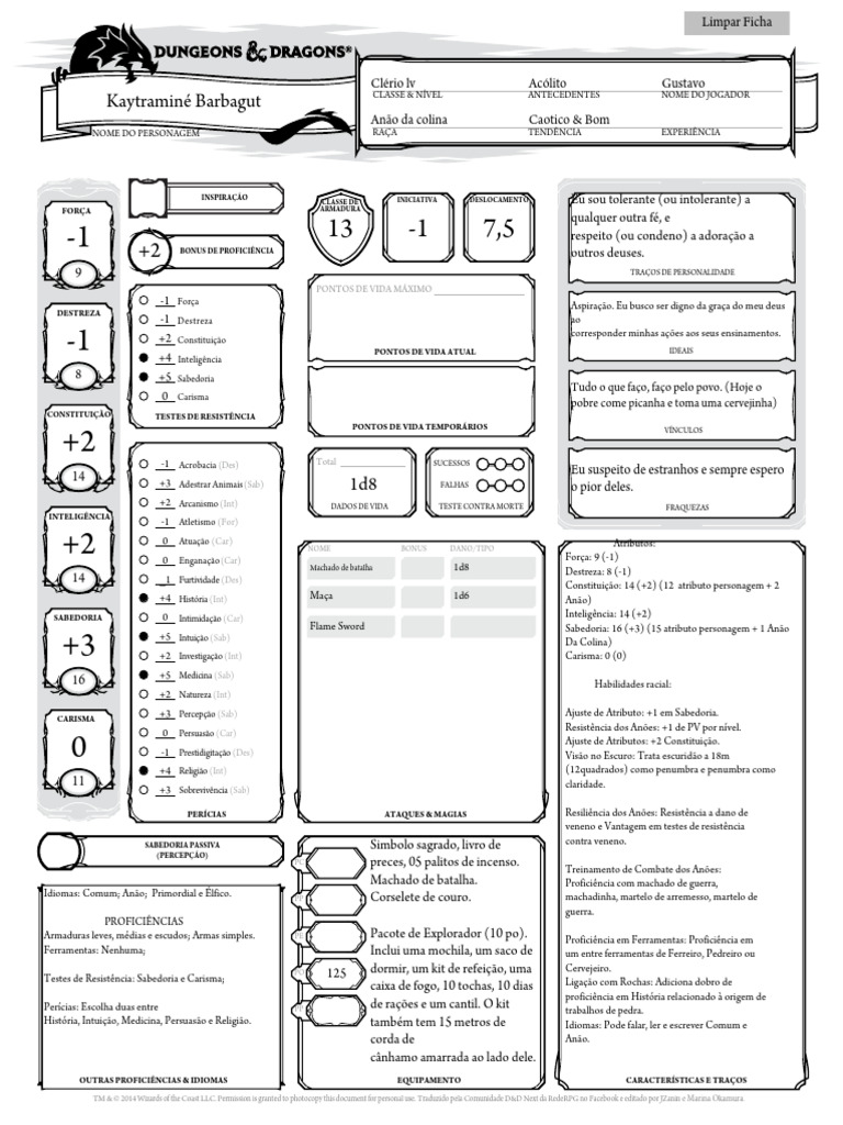 D&D 5E Clerigo Anão LV 3 | PDF | Dungeons & Dragons (jogo)