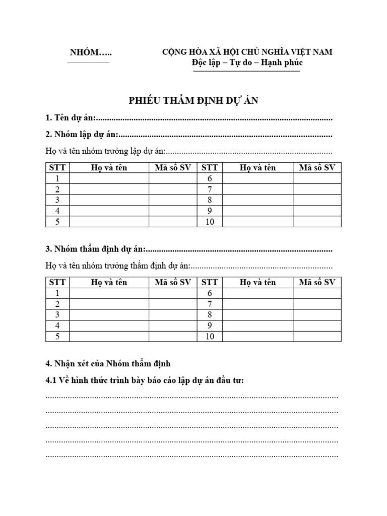 Phieu Tham Dinh Du An | PDF