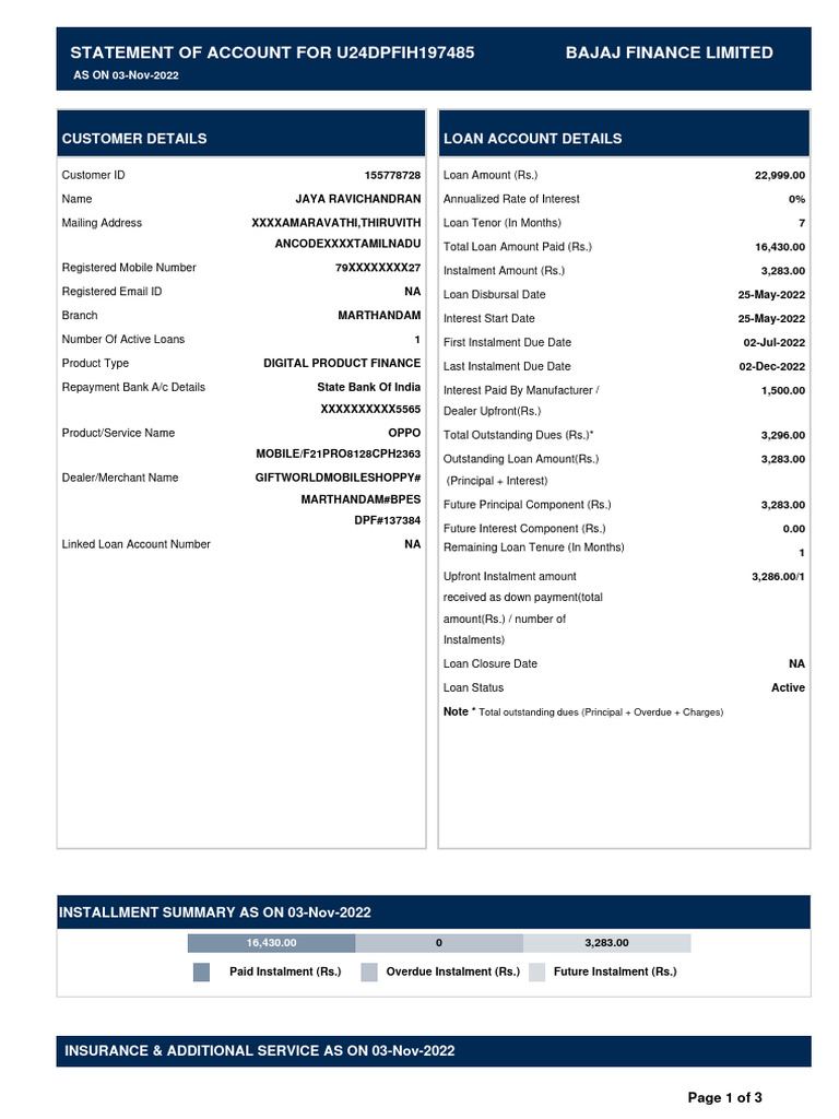 Bajaj Finance Loan Statement - Jaya Ravichandran | PDF
