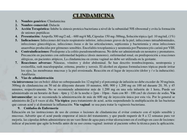 Clindamicina: Usos, Dosis y Efectos | PDF | Medicina | Enfermedades y ...