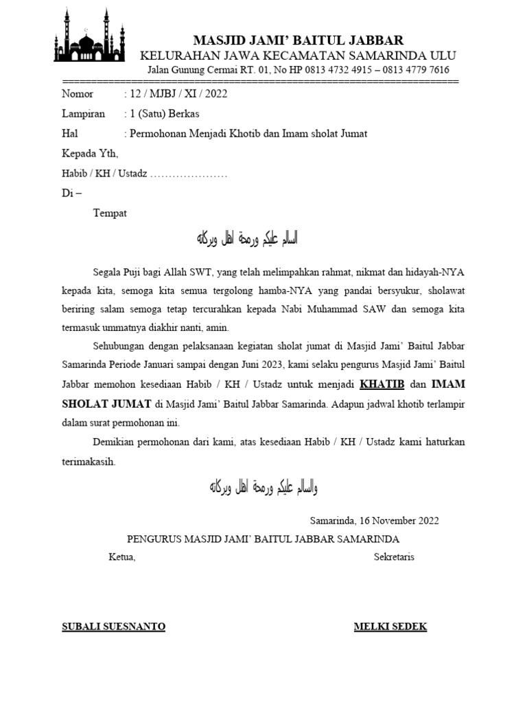 Surat Permohonan Khutbah Jumat | PDF