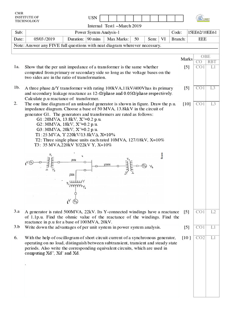 IAT-I Question Paper With Solution of 15EE62 Power System Analysis-I Mar-2019-KEKA MUKHOPADHYAYA ...