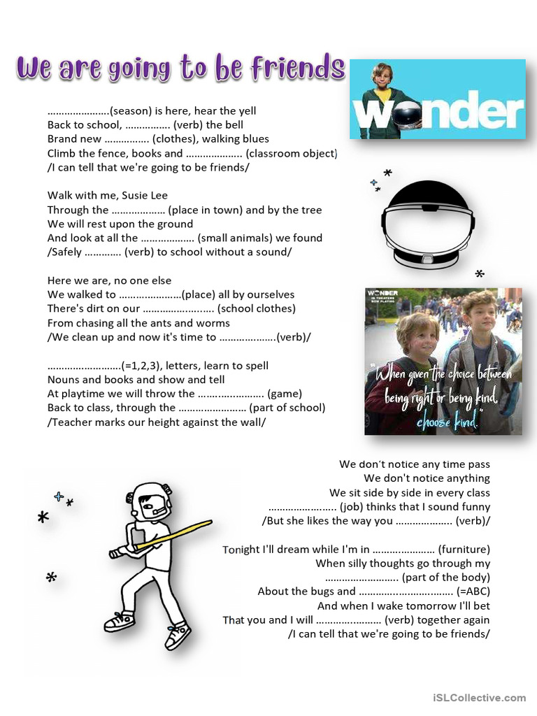 We Are Going To Be Friends - Song Worksheet (Wonder Film) | PDF