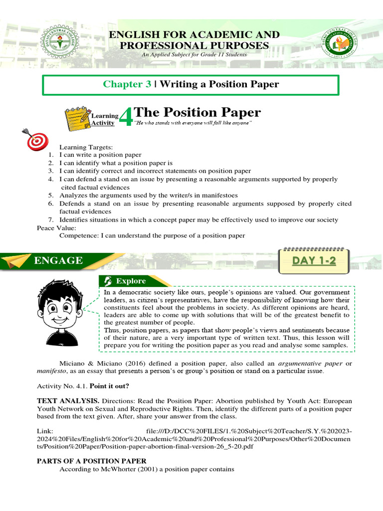 Writing a Position Paper for Grade 11 | PDF | Reason | Essays