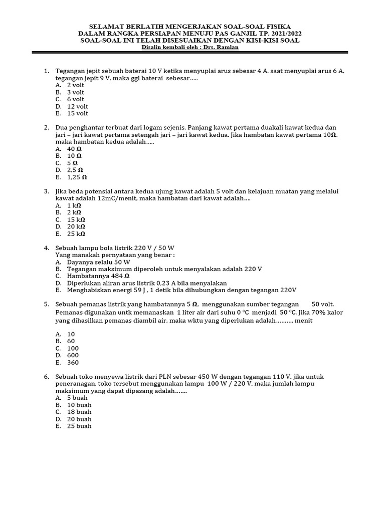 Kumpulan Soal-Soal Fis Xii SMT Gjl. 2021-2022 Untuk Latihan-Perbaikan Dan Pengayaan | PDF ...