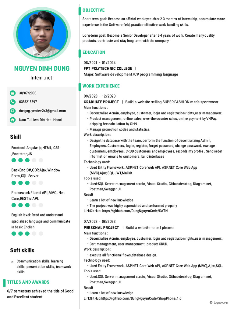 CV Nguyen Dinh Dung - CV Intern - net-TopCV - VN | PDF | World Wide Web ...