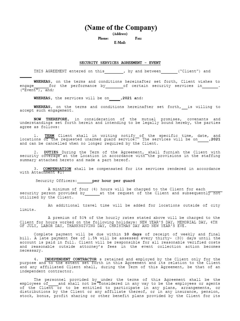 Sample Security Service Agreement Contract | PDF