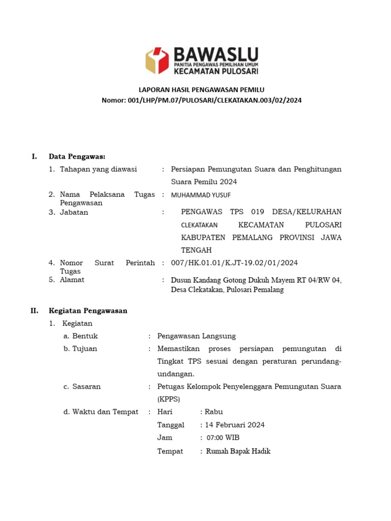 Form A Persiapan TPS 019 Clekatakan | PDF
