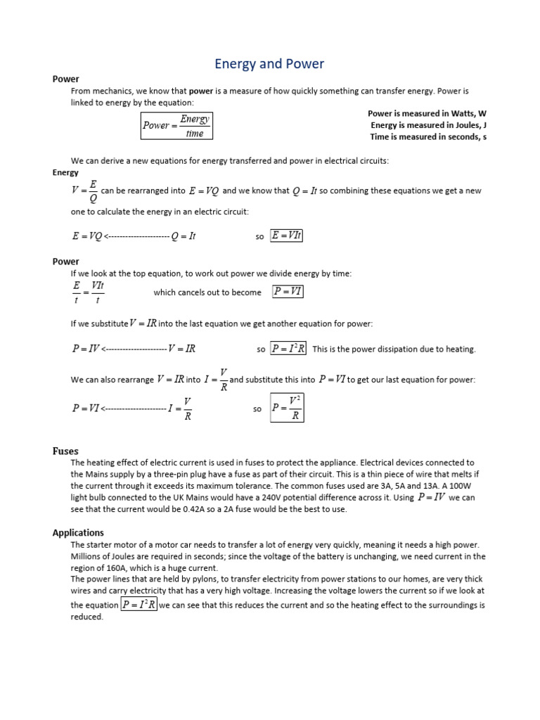 Energy And Power In Electricity Notes Pdf Power Physics