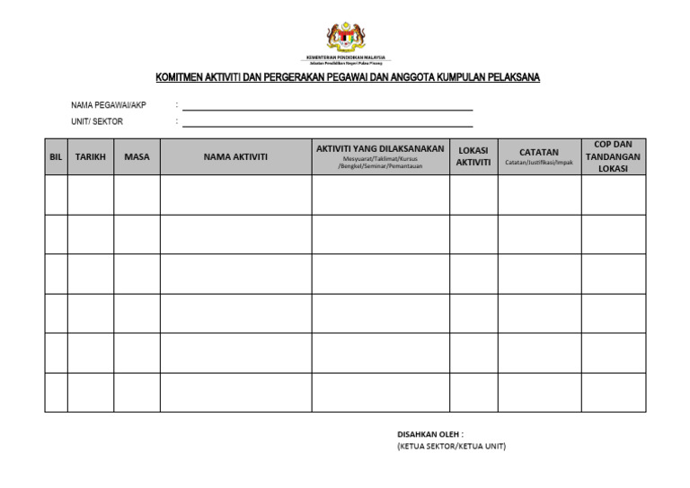 Borang Komitmen Aktiviti Dan Pergerakkan Pegawai Dan Anggota Kumpulan ...